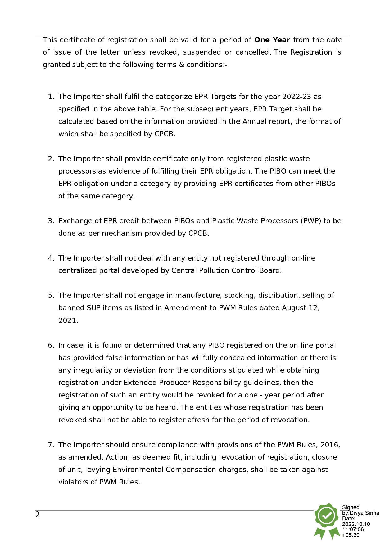 Format of EPR Certification for P-Waste - Part 2